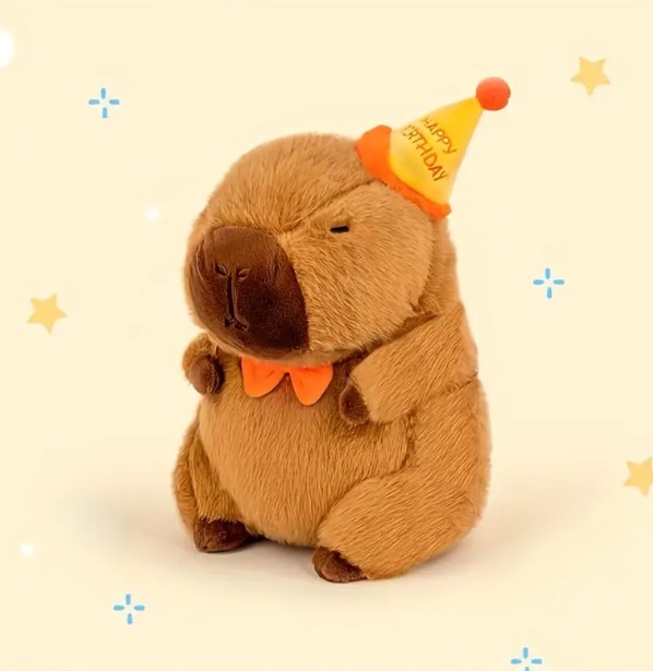 PELUCHE DE CAPIBARA SENTADO CON SOMBRERO AMARILLO O VINCHA DE FRUTILLA ...