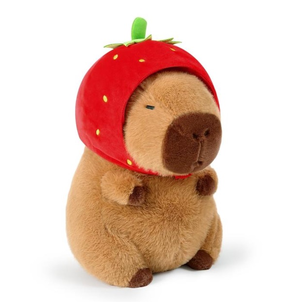 PELUCHE DE CAPIBARA SENTADO CON SOMBRERO AMARILLO O VINCHA DE FRUTILLA ...
